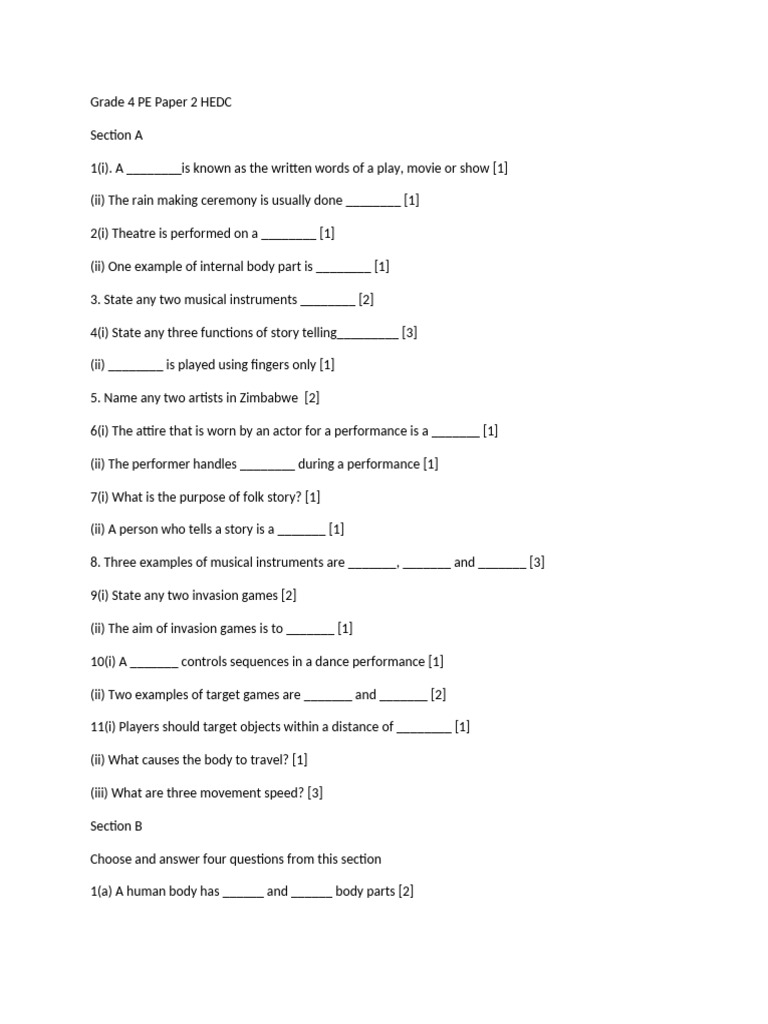 Grade 4 PE and Arts Paper 2 HEDC | PDF