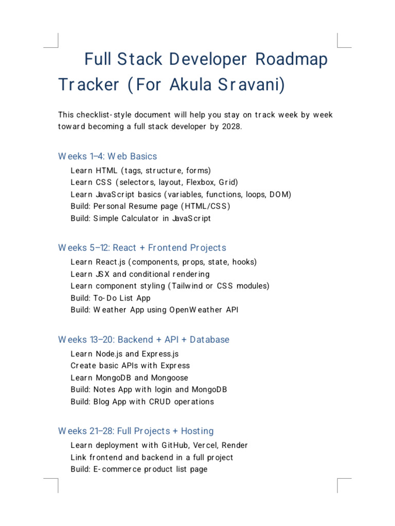 Full Stack Weekly Checklist Akula Sravani | PDF