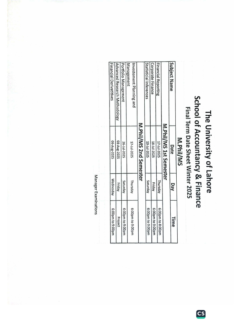 MsMPhil Final Term Date Sheet | PDF