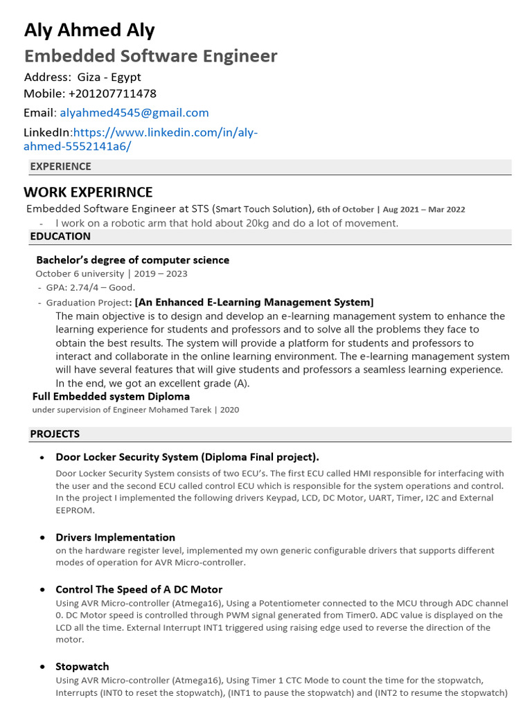 Aly Ahmed - Embedded Software Engineer - 1 | PDF | Microcontroller ...