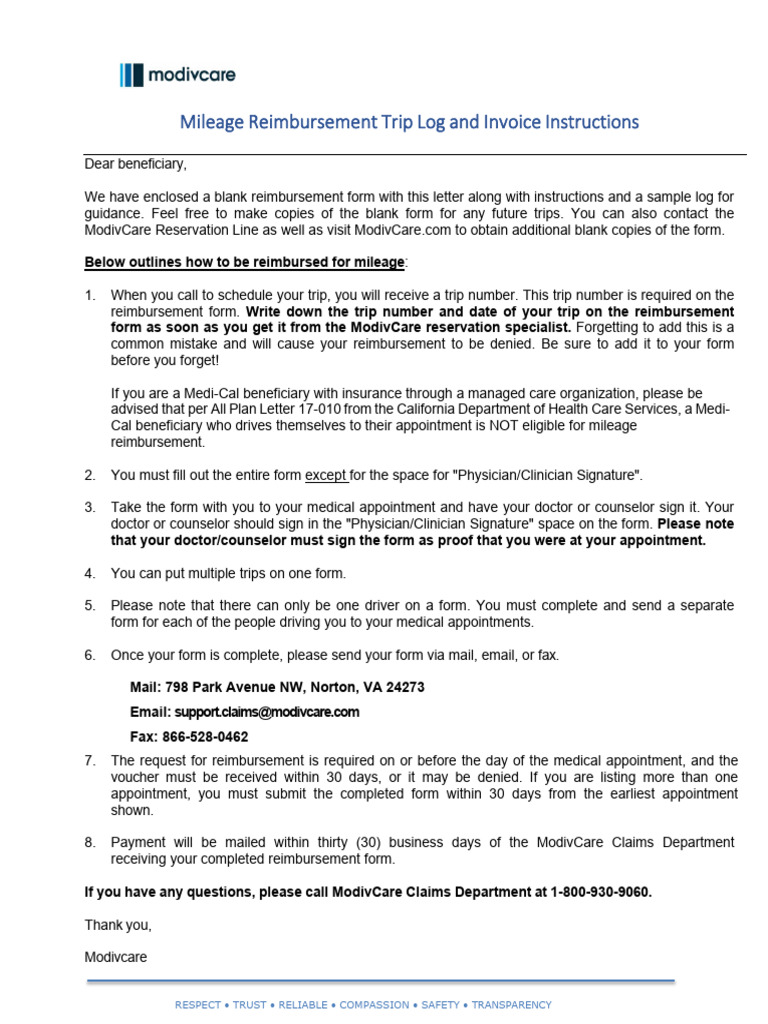 ModivCare Mileage Reimbursement Guide | PDF