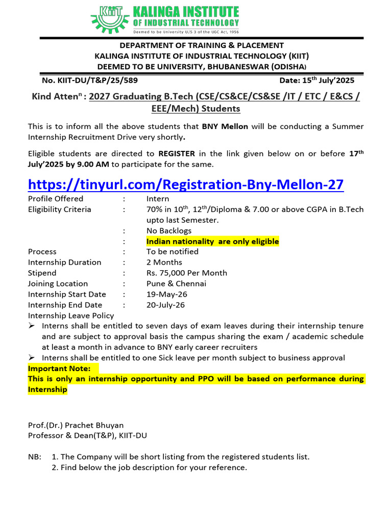 Registration For BNY Mellon Summer Internship Recruitment Drive - 2027 Graduating Batch | PDF ...