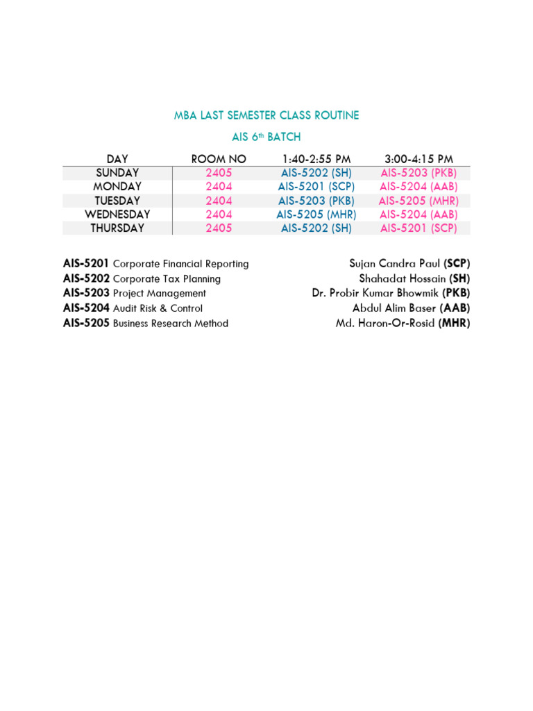 Mba Last Semester Class Routine | PDF