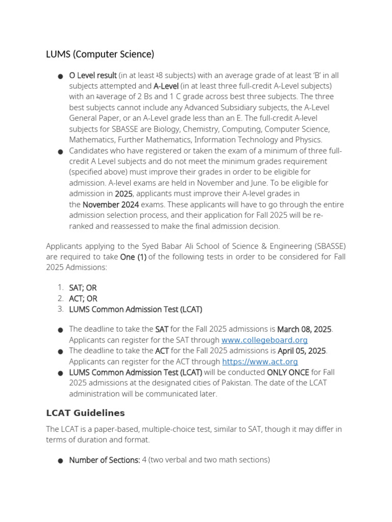 LUMS Admission Requirements for 2025 | PDF | University And College ...