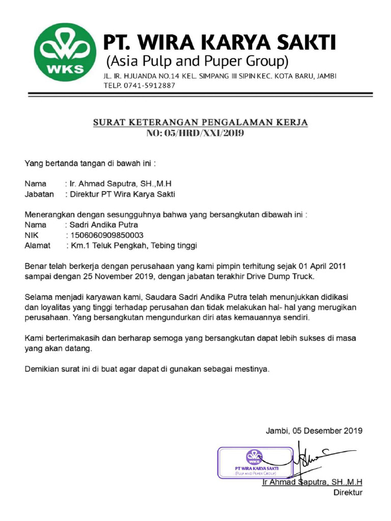 Surat Pengalaman Pekerjaan | PDF