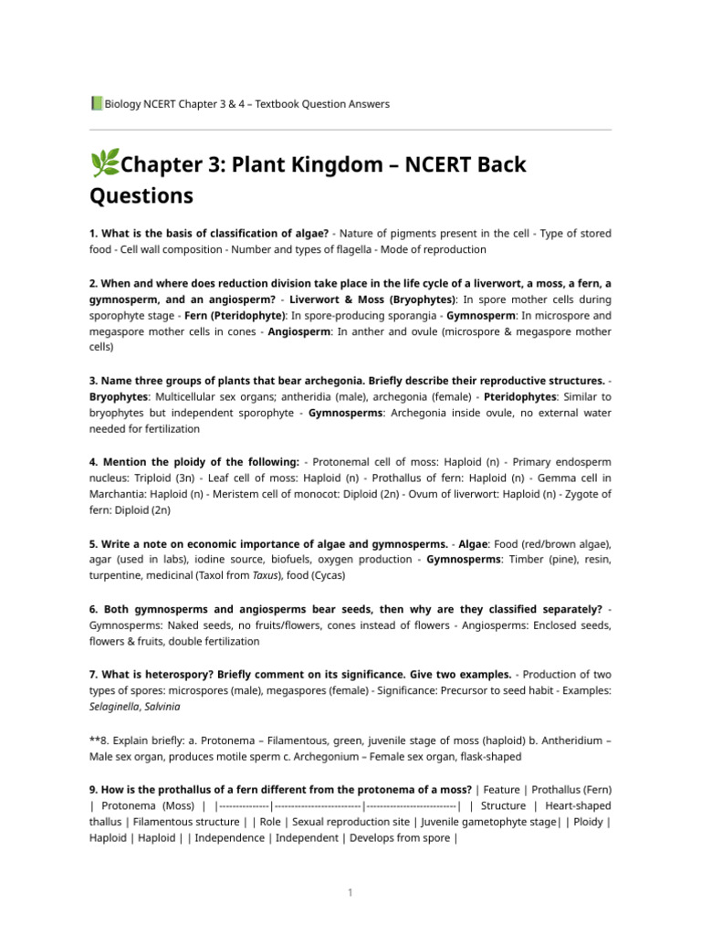CH 3 and 4 Ncert Queeeee!!! | PDF | Ploidy | Fern
