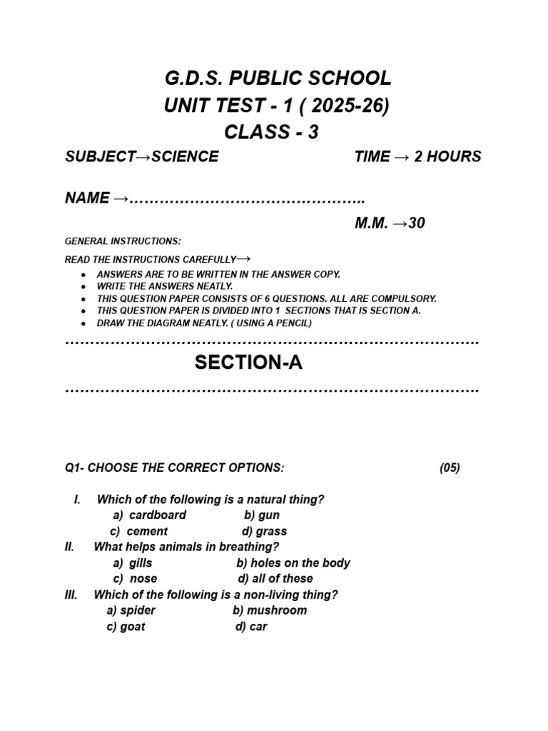 Class 3 Science Unit Test 2025-26 | PDF | Plants