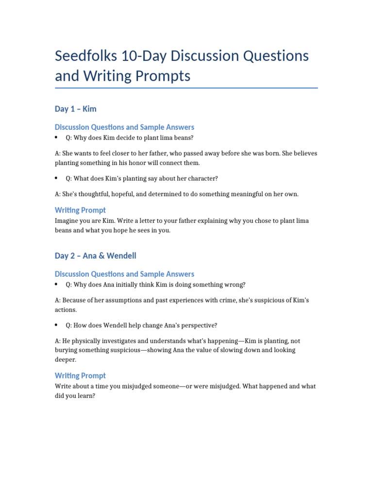 Seedfolks: Discussion Questions & Prompts | PDF