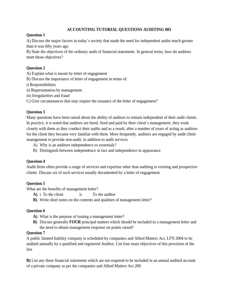 Auditing 003 Tutorial Questions | PDF | Audit | Auditor's Report