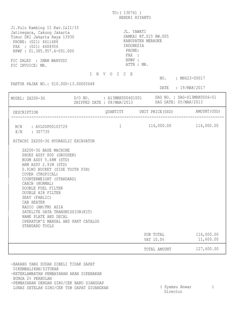 Invoice Hitachi Mas Hendri | PDF