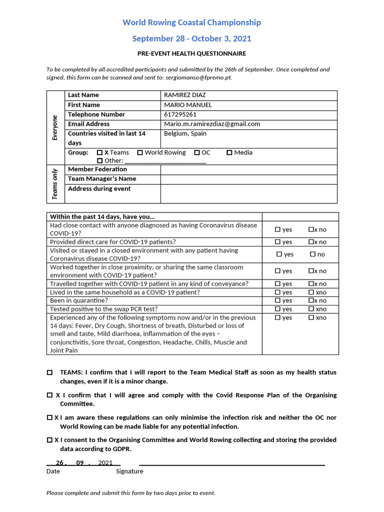 2021 WRCC Oeiras Pre Event Health Questionnaire | PDF | Infection | Diseases And Disorders