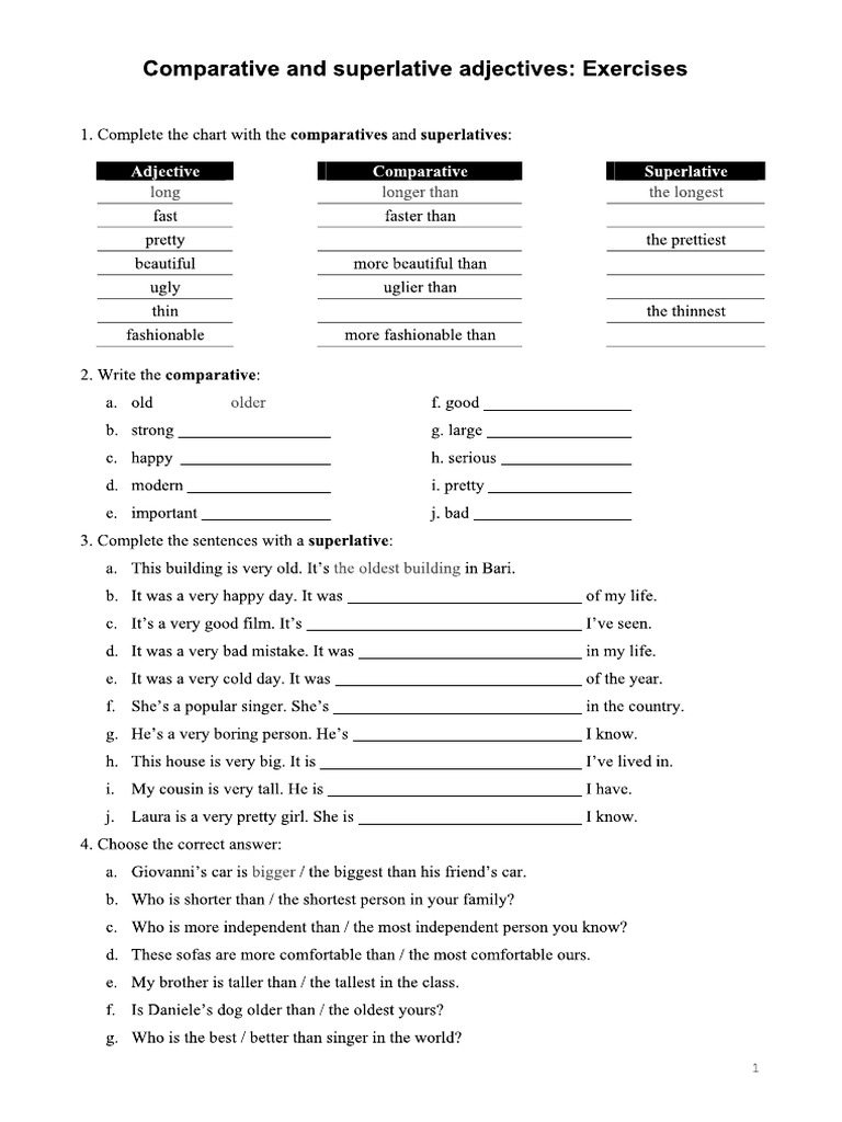 Comparative and Superlative Worksheet | PDF