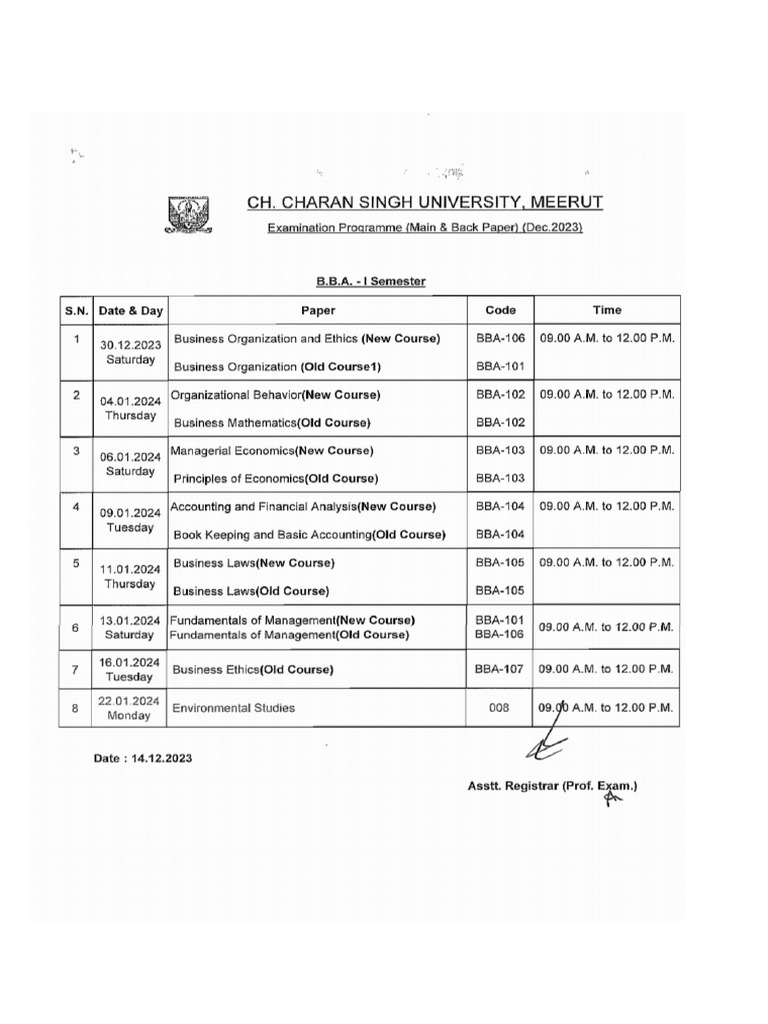 BBA BCA January Date Sheet | PDF