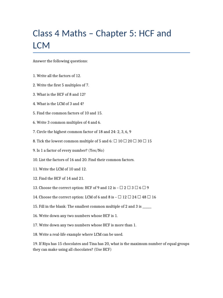 Class 4 HCF LCM Questions | PDF