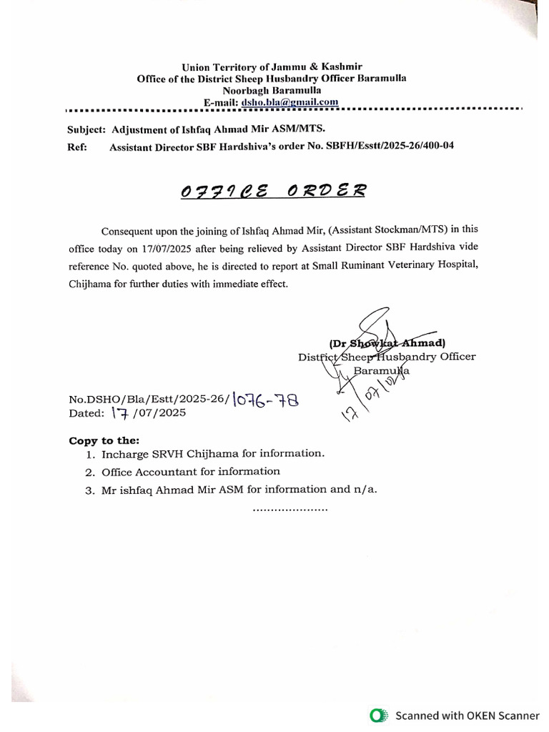 Adjustment of Ishfaq Ahmad Mir ASM | PDF