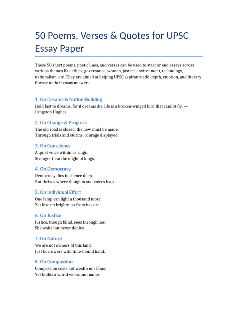 50 Poems For UPSC Essay | PDF