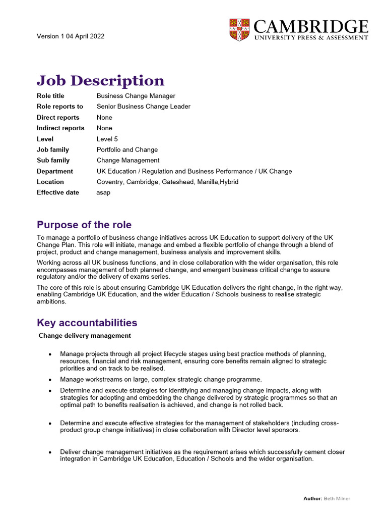 Business Change Manager Job Description | PDF | Empowerment | Business