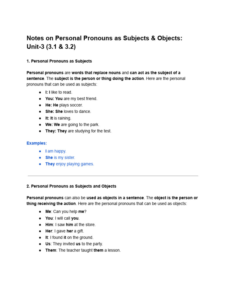 Notes On Personal Pronouns As Subjects & Objects | PDF