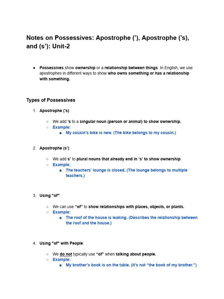 Notes On Possessives - Apostrophe ('), Apostrophe ('S), and (S') | PDF
