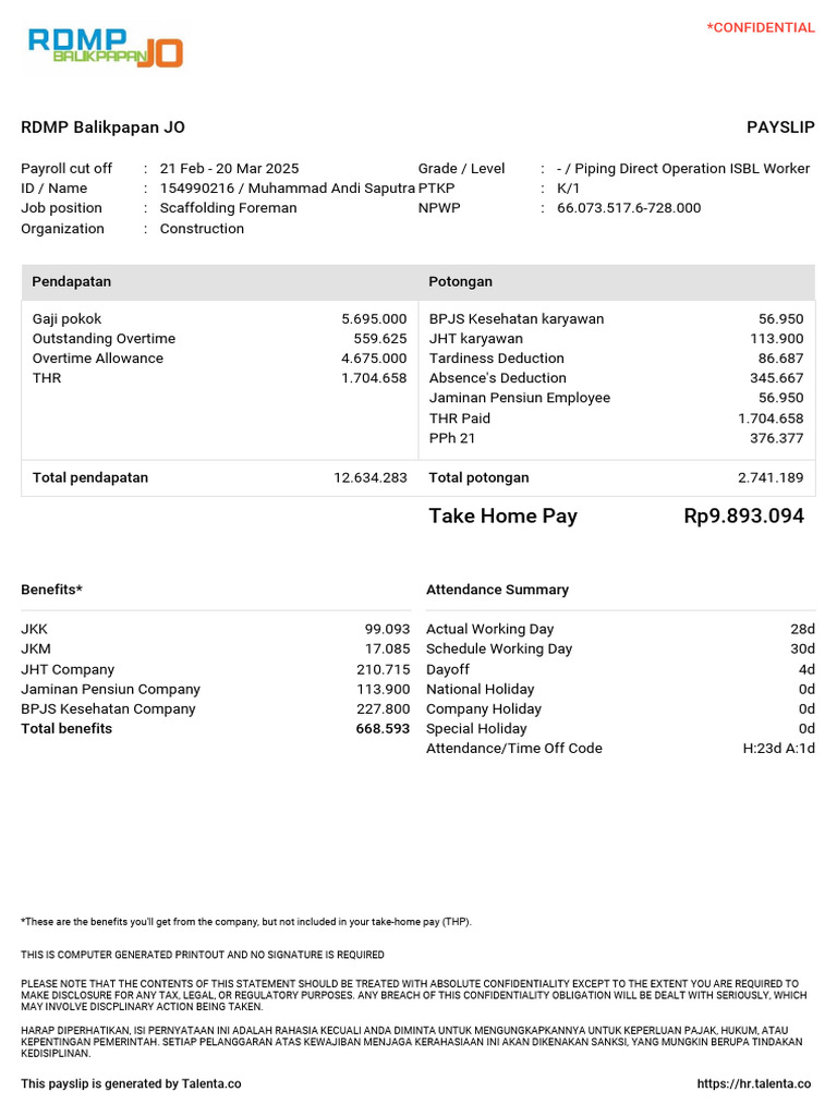 Payslip-RDMP Balikpapan JO-3-2025-Muhammad Andi Saputra | PDF | Industrial Relations | Private Law