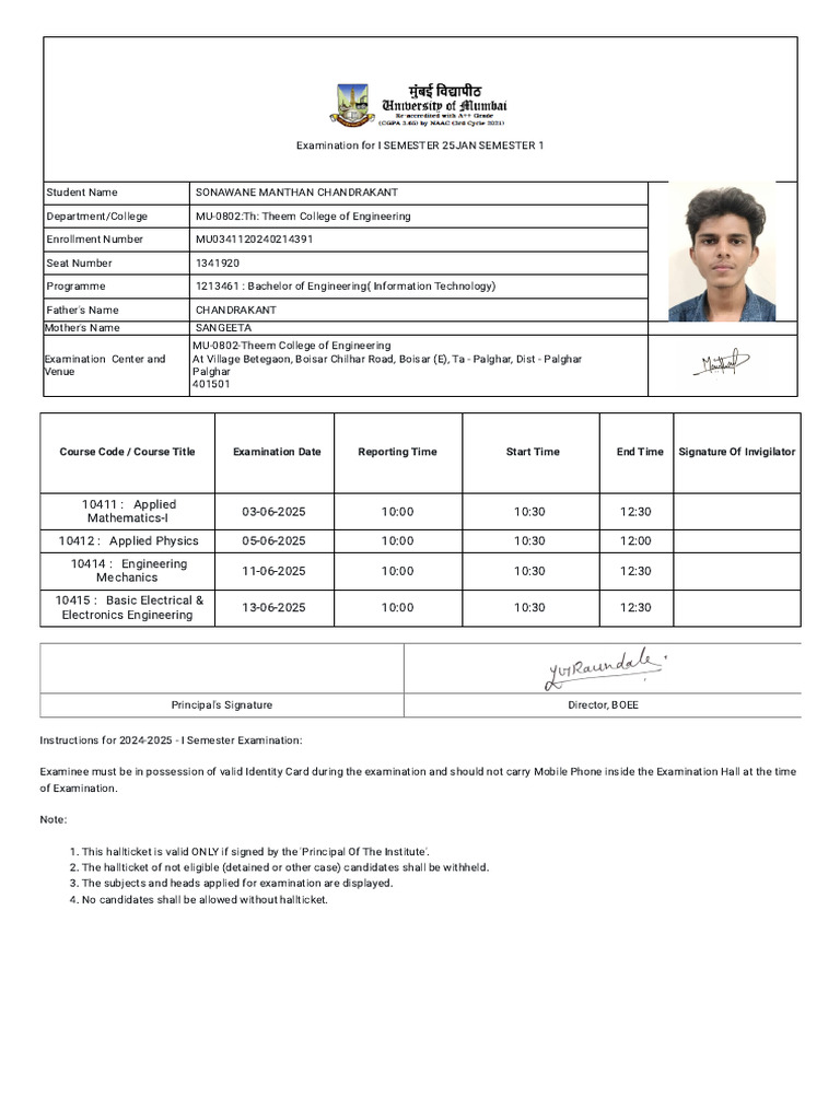 I Semester Examination Hall Ticket | PDF