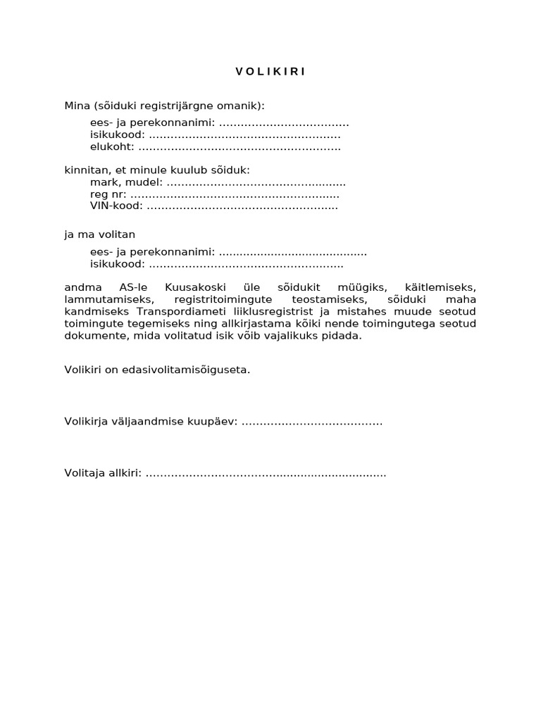 Volikiri Soiduki Uleandmiseks Eraisik | PDF