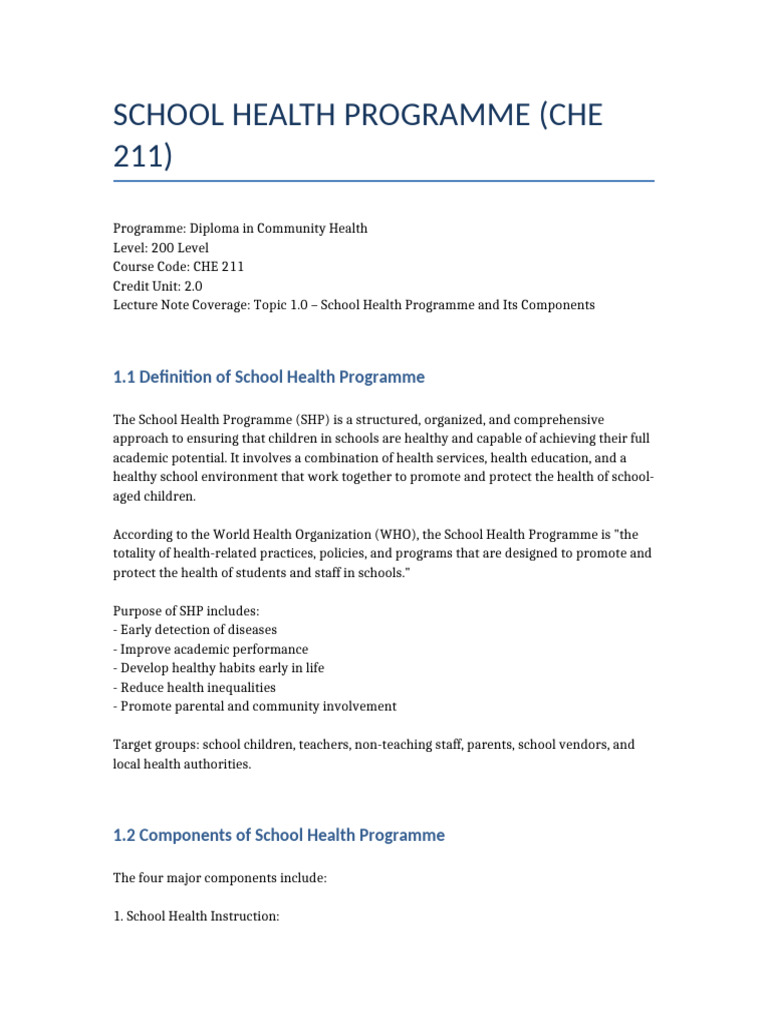 School Health Programme Topic 1 | PDF | School Meal | Hygiene