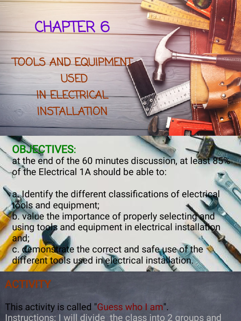 Electrical Installation Tools Overview | PDF | Screw | Hammer