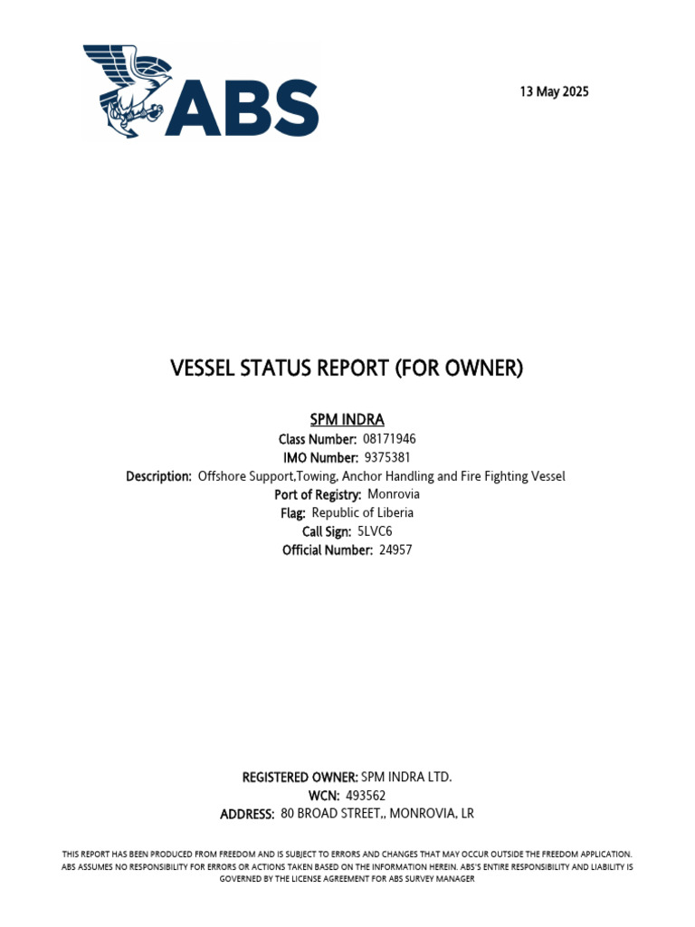 SPM Indra Vessel Status Report 2025 | PDF | Ships | Tonnage
