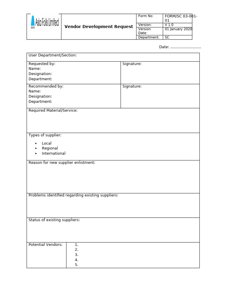 FORM SC 03-001-01 Vendor Development Request | PDF