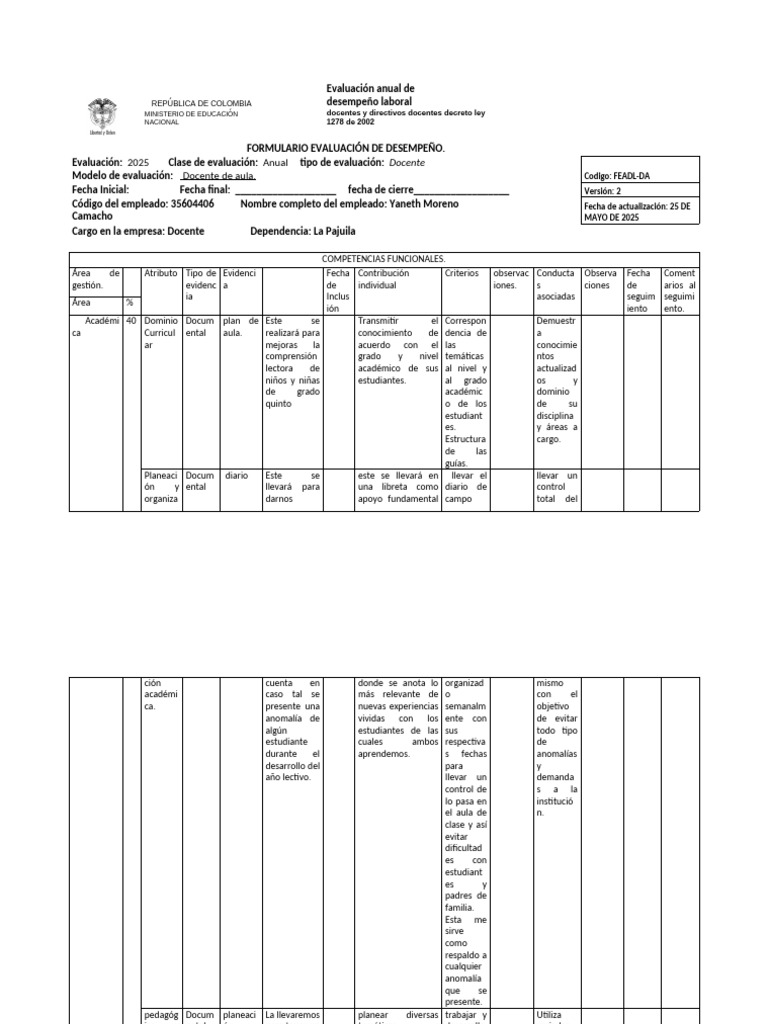 Anexo 5 Yaneth Moreno 2025 | PDF | Salón de clases | Maestros