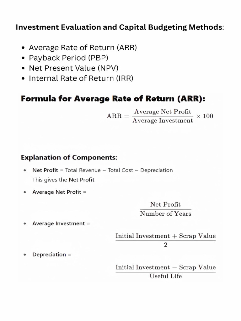 Investment Evaluation and Capital Budgeting Methods Average Rate of ...