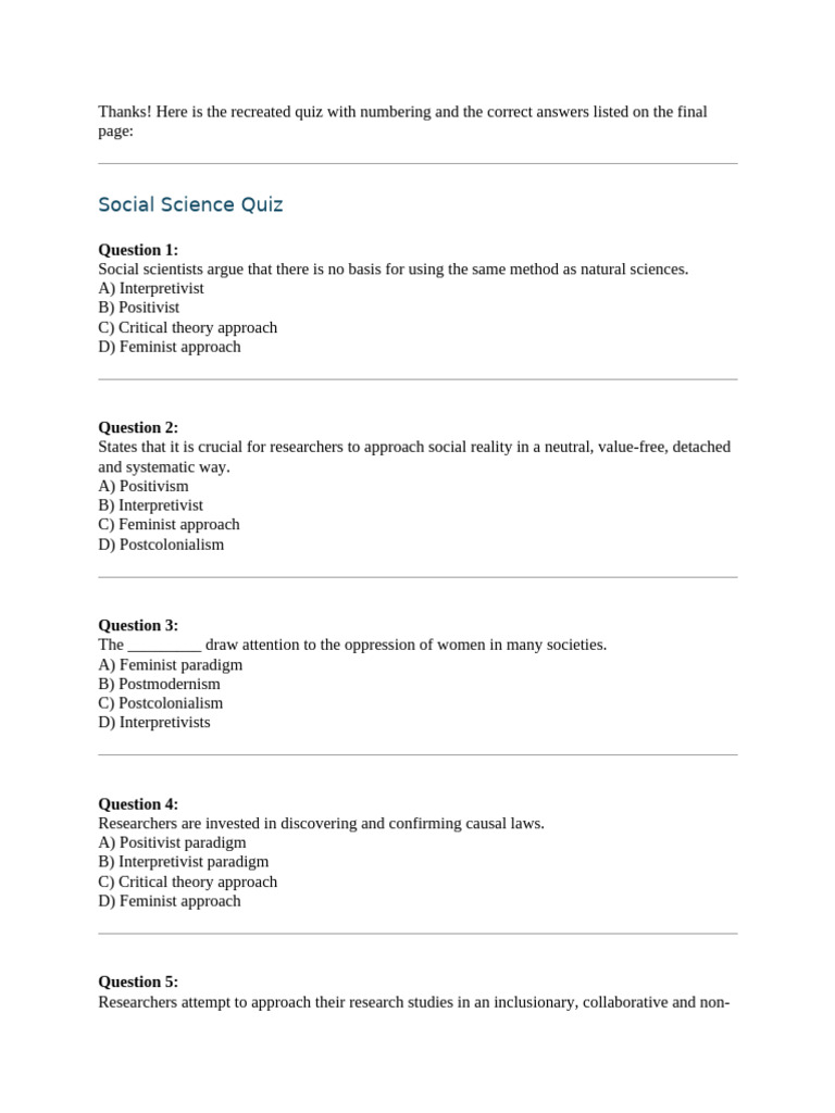 Social Science Quiz on Research Approaches | PDF | Positivism | Knowledge