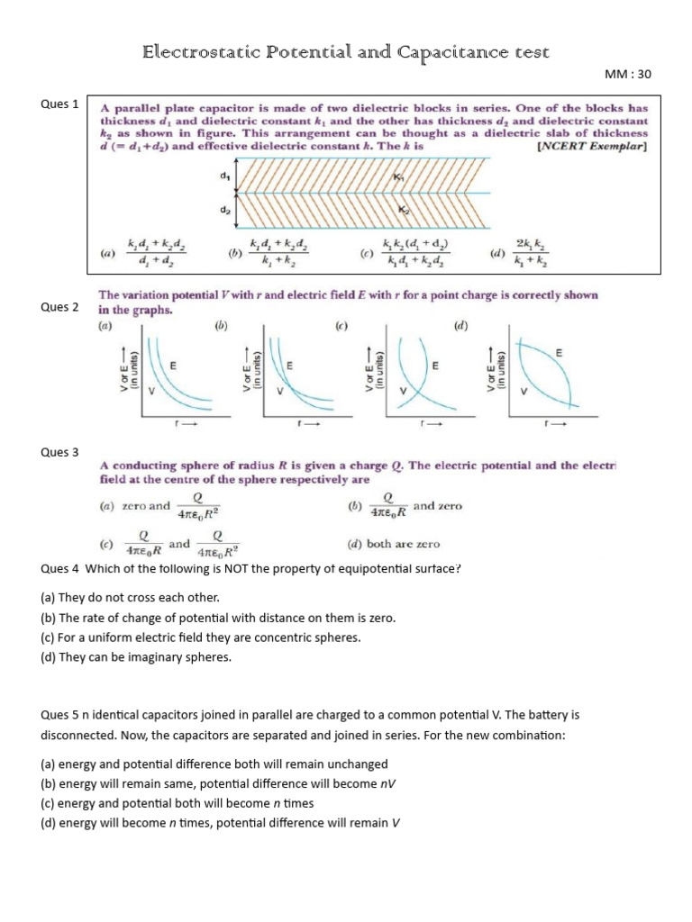 Potential and Capacitance Test | PDF | Capacitance | Capacitor