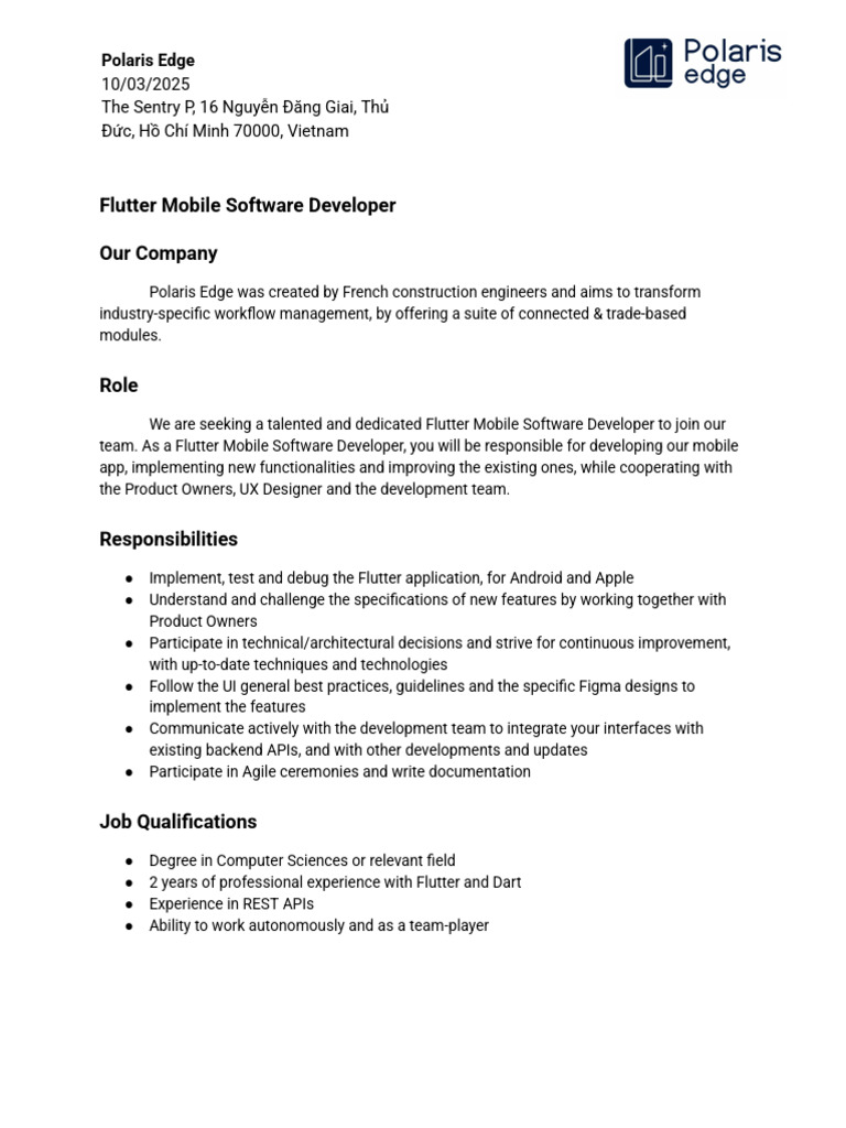Flutter Mobile Software Developer Job Description | PDF
