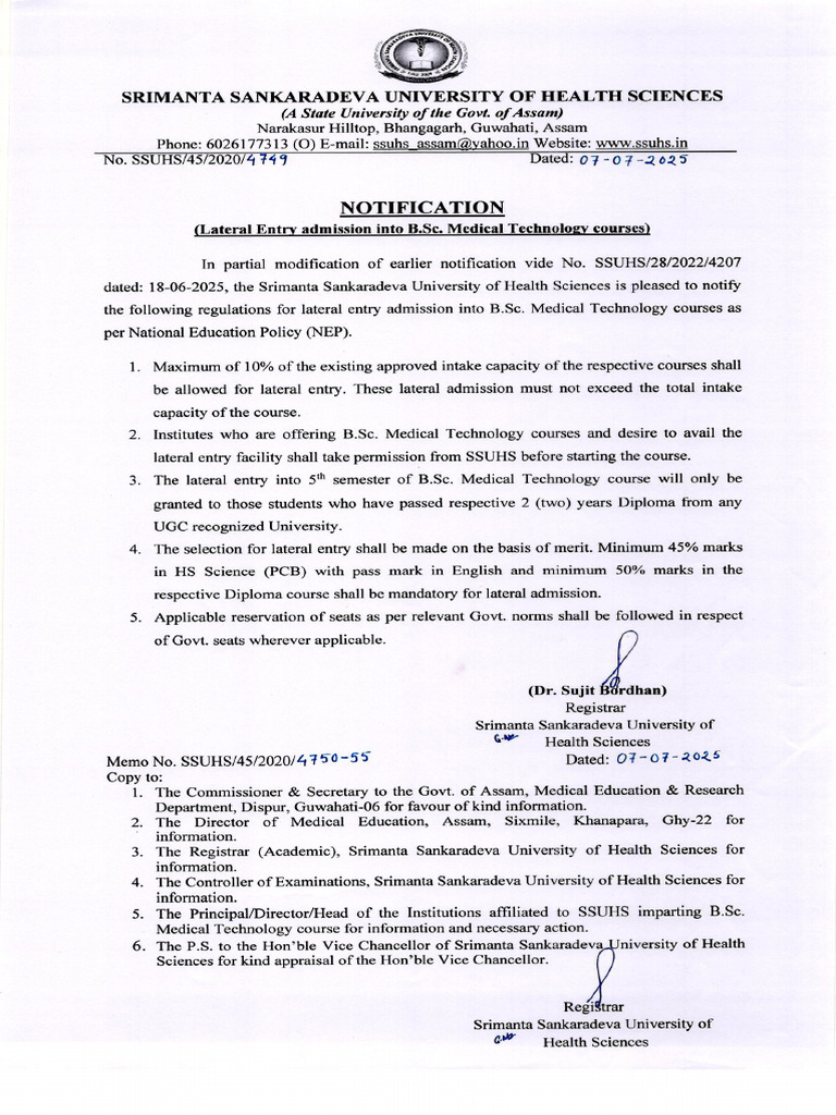 Notification - Lateral Entry Admission Into B.sc. Medical Technology ...