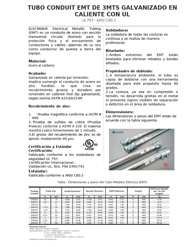 ELECMAN® EMT Conduit Technical Data Sheet | PDF | Conductor electrico ...