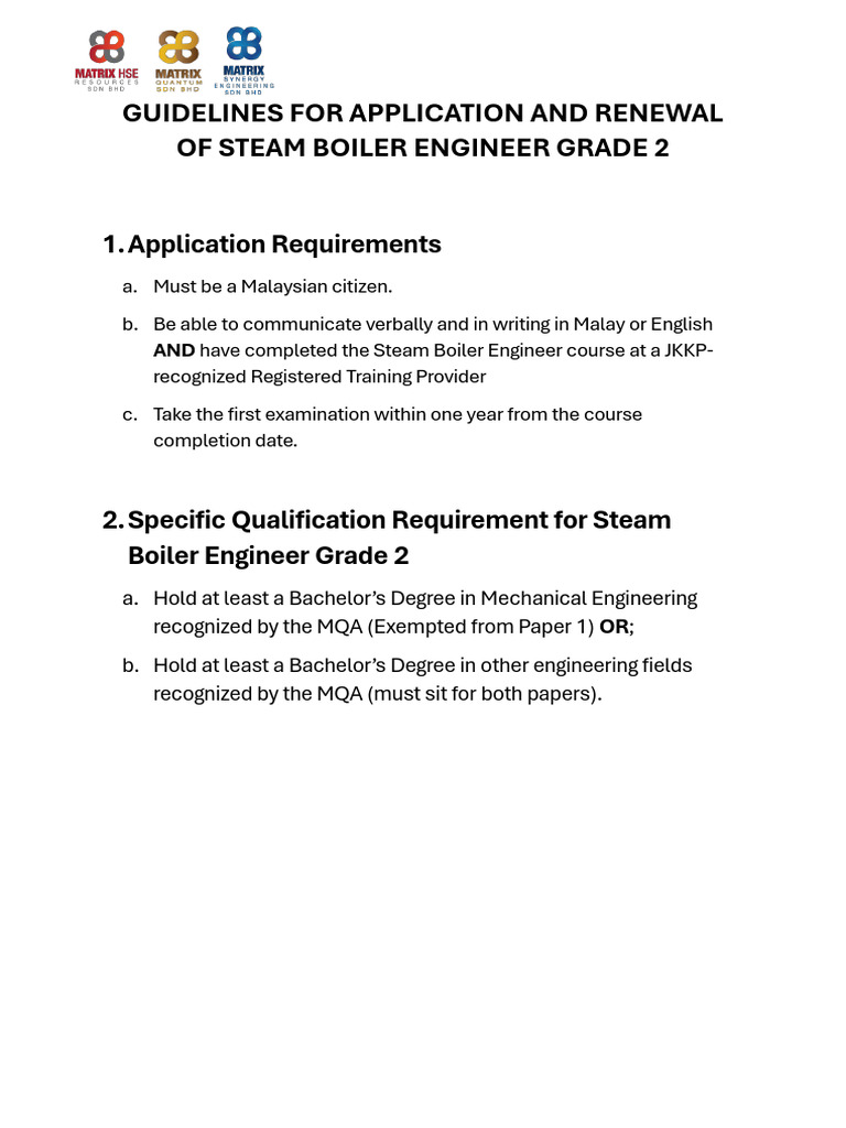 Guidelines For Application of Steam Boiler Engineer Grade 2 | PDF