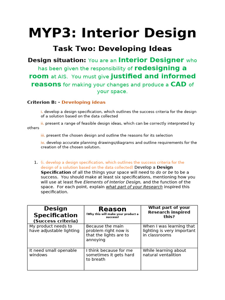 MYP3 Interior Design Project Guide | PDF | Drawing | Design