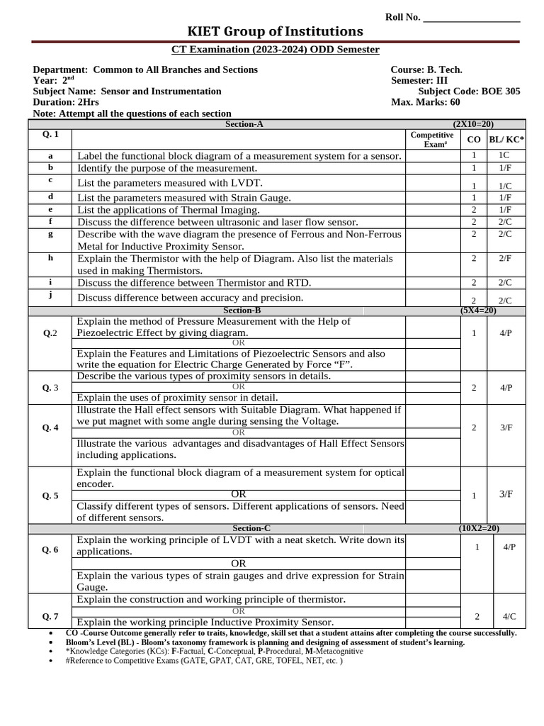 CT QP - Sensor and Instrumentation CSIT 2023-24 BOE 305 | PDF | Sensor | Piezoelectricity