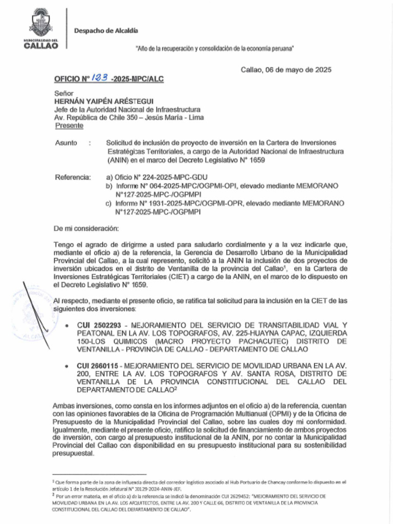 Oficio #123-2025-MPC-ALC - Ratifica Solicitud | PDF