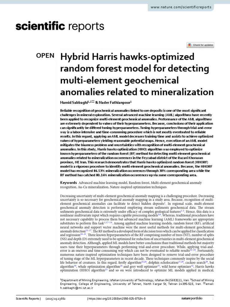 Hybrid Harris Hawks-Optimized Random Forest Model For Detecting Multi-Element Geochemical ...
