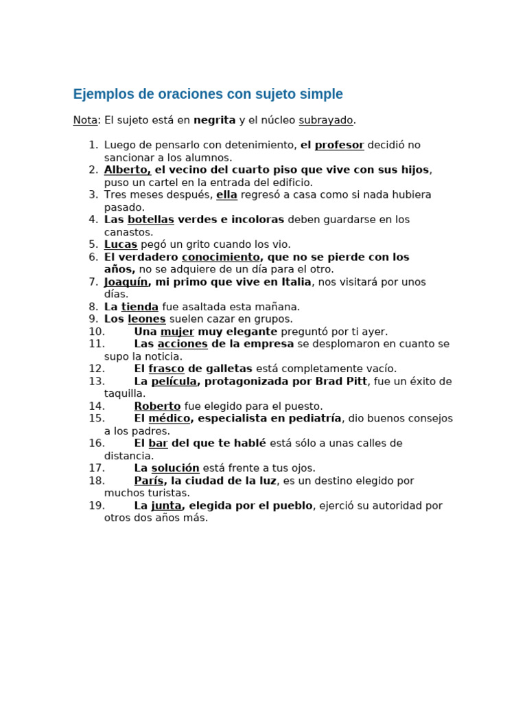 Oraciones con sujeto simple: Ejemplos | PDF