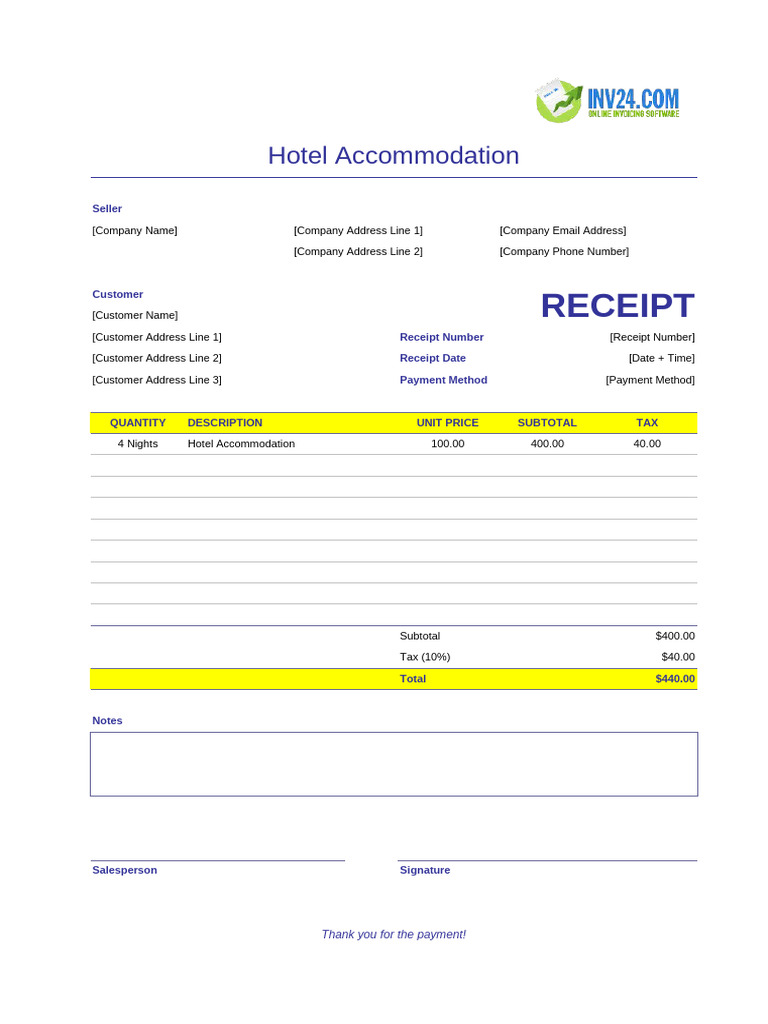 Hotel Accomodation Receipt Template | PDF