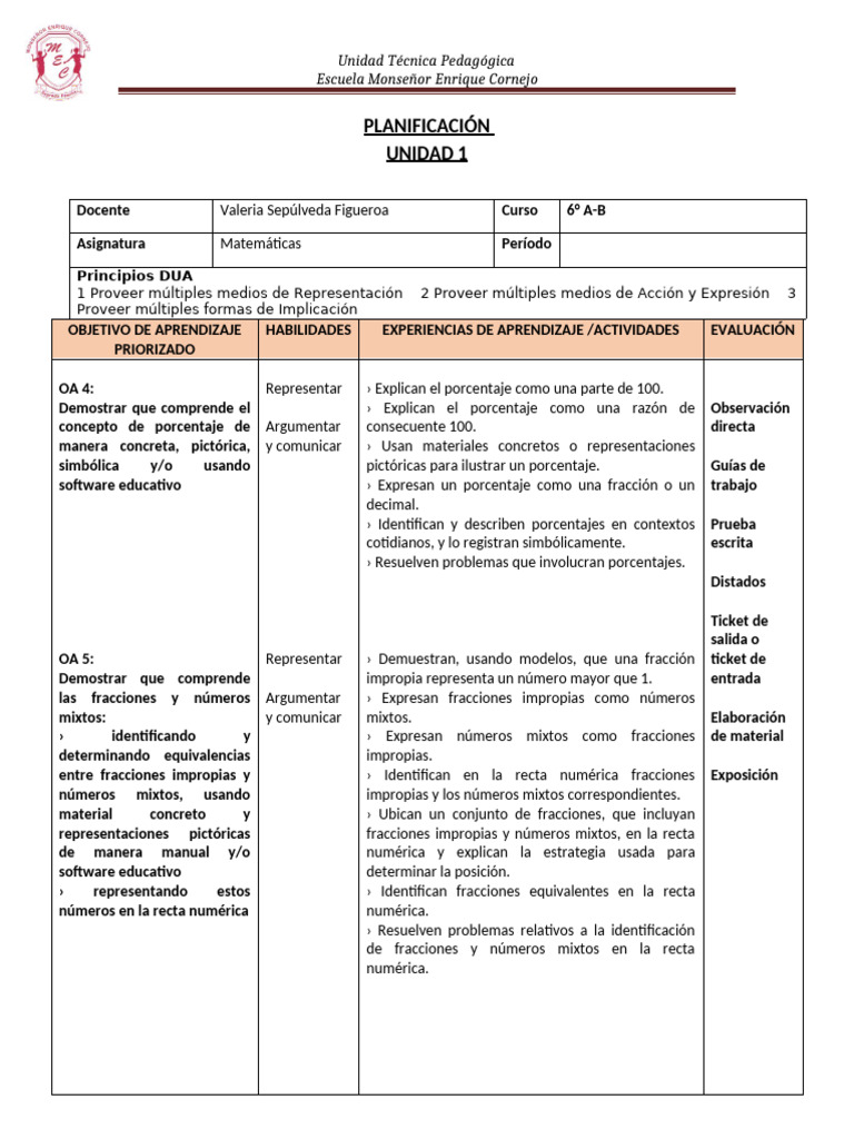 Planificación Unidad 2 6A y 6B | PDF | Decimal | Aritmética