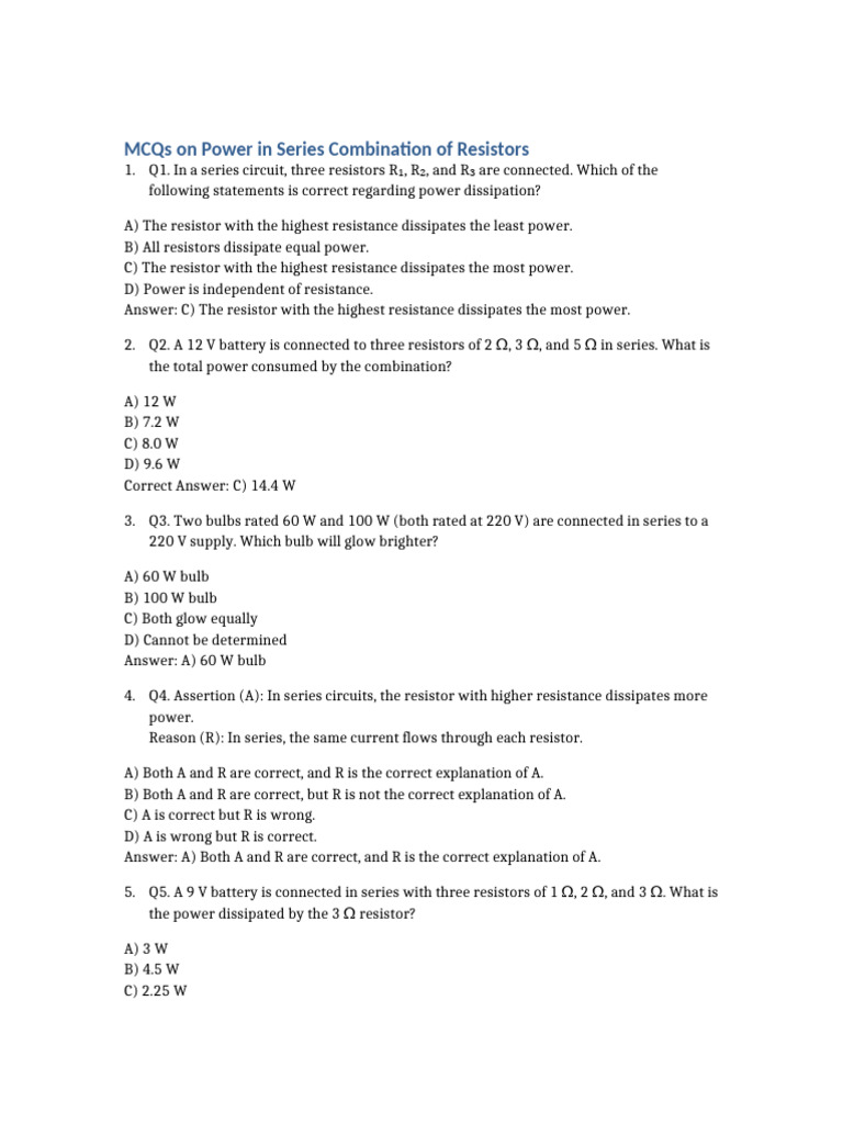 Power in Series Combination Questions | PDF | Series And Parallel ...