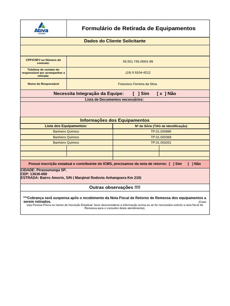 Formulário de Retirada de Equipamentos - Atualizado | PDF
