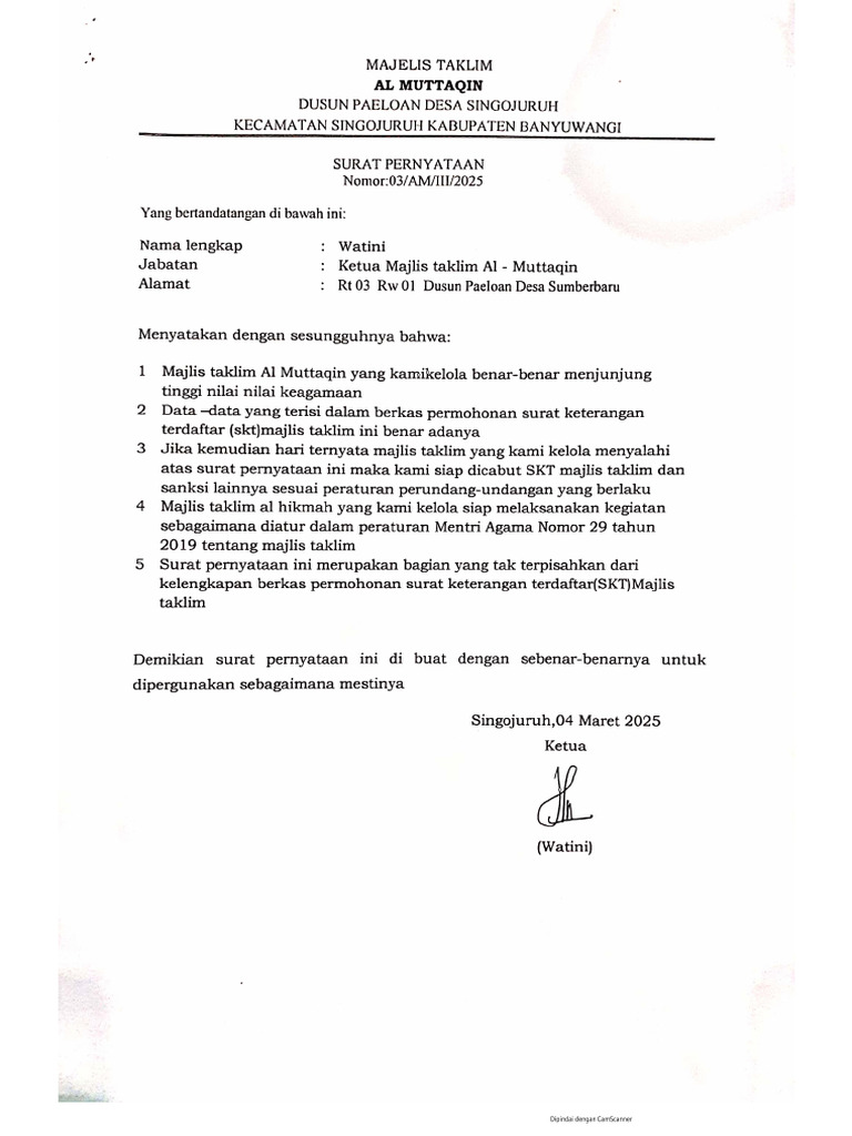 Surat Pernyataan MT AL MUTAQIN | PDF