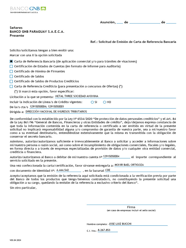 Solicitud de Carta de Referencia Bancaria | PDF | Bancos