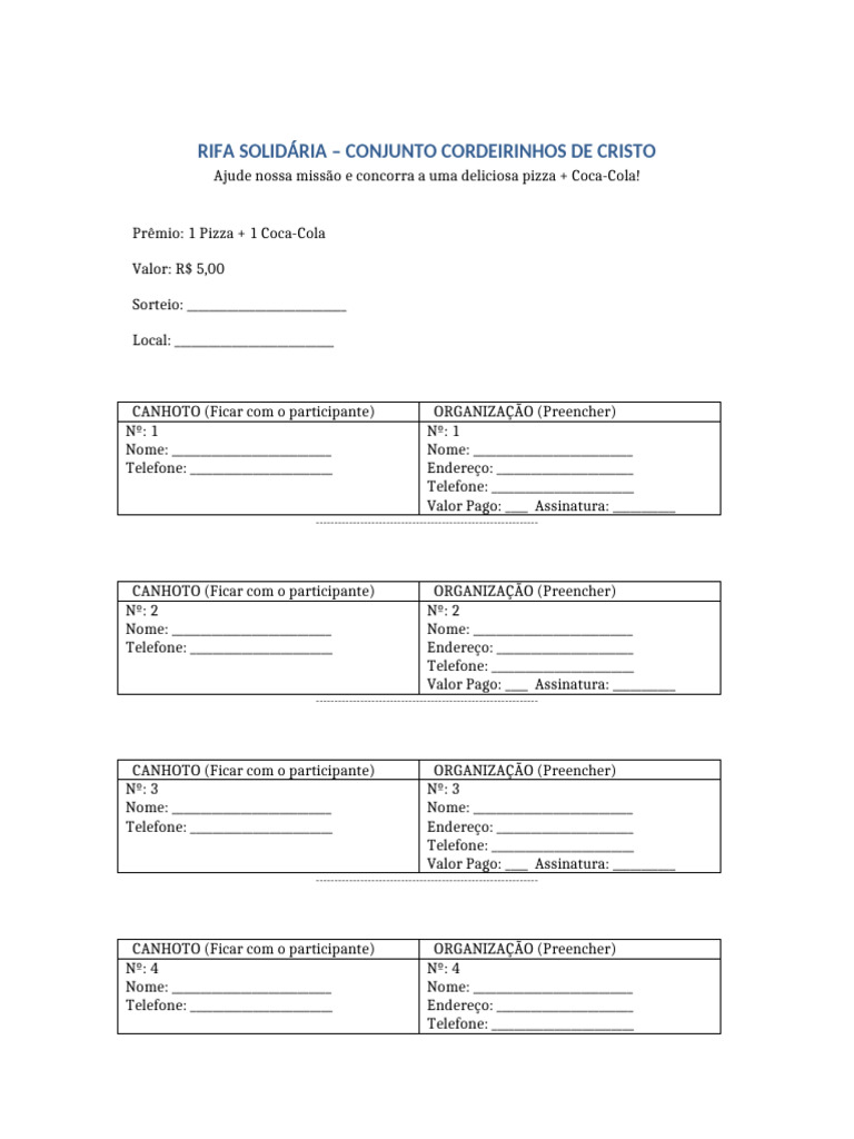 Rifa Cordeirinhos de Cristo Canhoto Corte | PDF